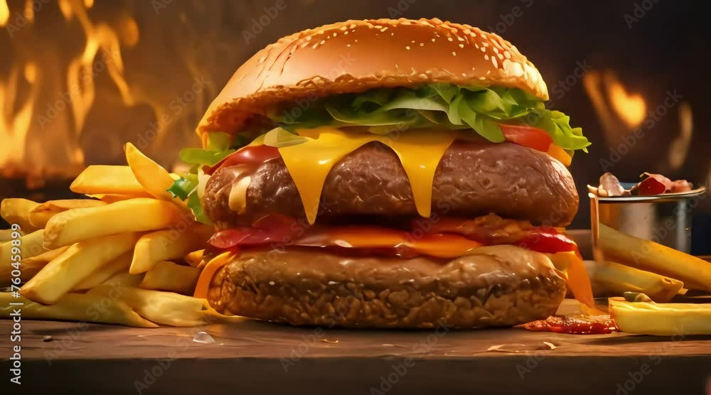 A 4K cheeseburger with perfectly melted cheese and a side of crispy ...