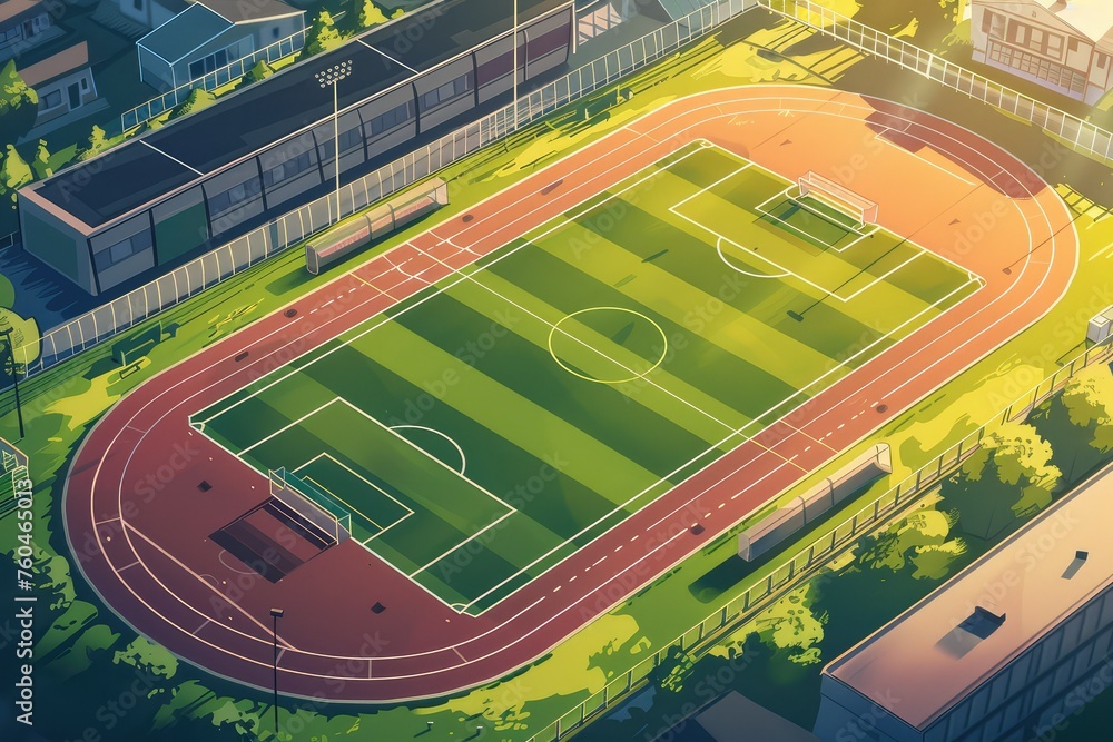 Isometric illustration of outdoor sports complex with running track ...
