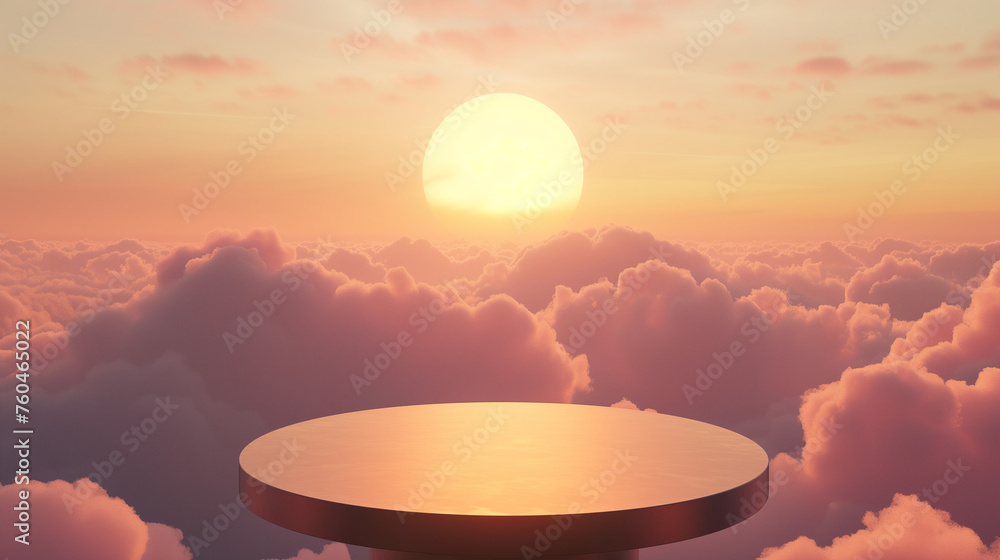 3D render, round podium, background, clouds, sunset, sky, podium design ...