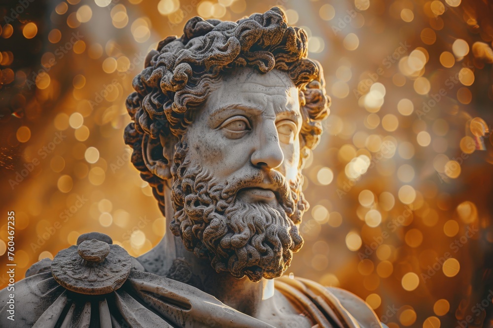 Classical stoic greek, roman statue with a colorful spark background. A ...