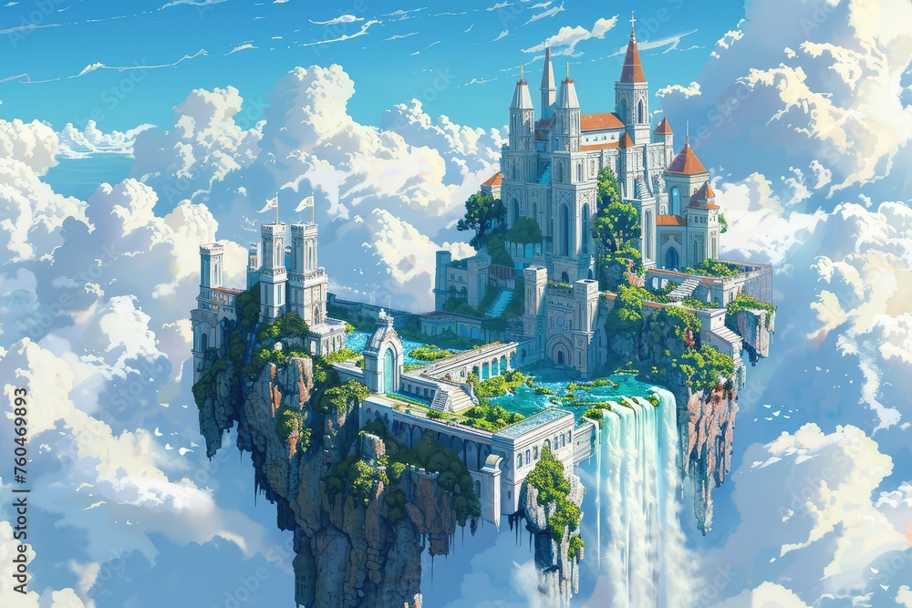 A majestic floating sky citadel with grandiose architecture, magical ...