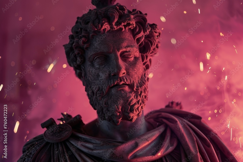 Classical stoic greek, roman statue with a colorful spark background. A ...