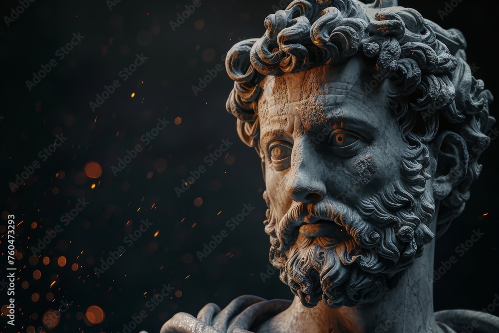 Classical stoic greek, roman statue with a colorful spark background. A ...