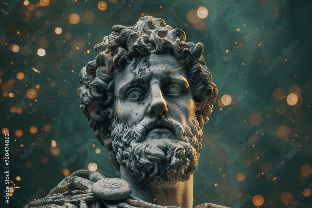 Classical stoic greek, roman statue with a colorful spark background. A ...