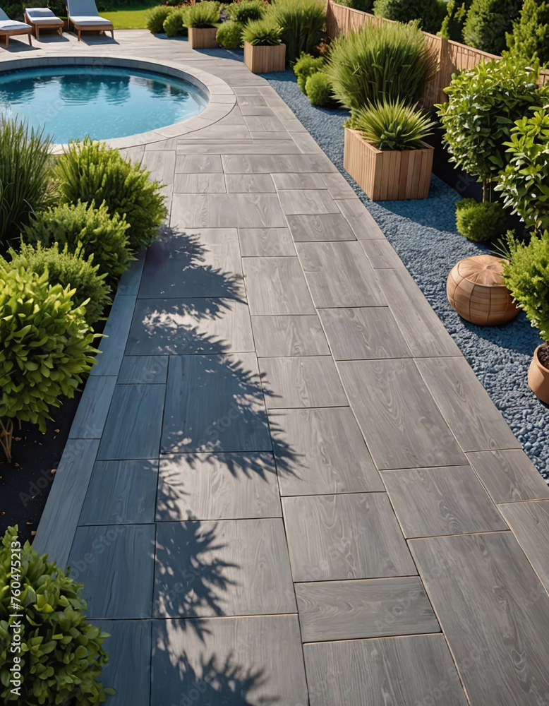 Aménagement d'une allée, chemin en dallage pour aller à la piscine ...