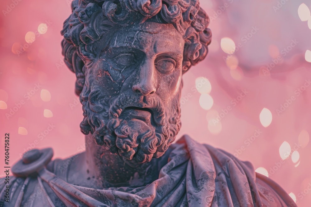Classical stoic greek, roman statue with a colorful spark background. A ...