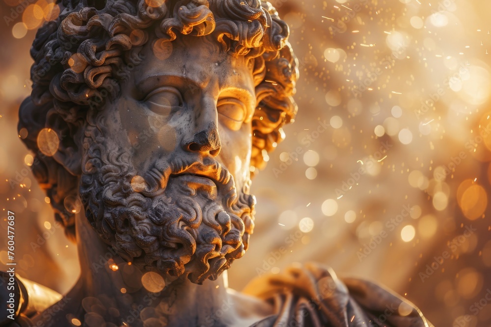 Classical stoic greek, roman statue with a colorful spark background. A ...