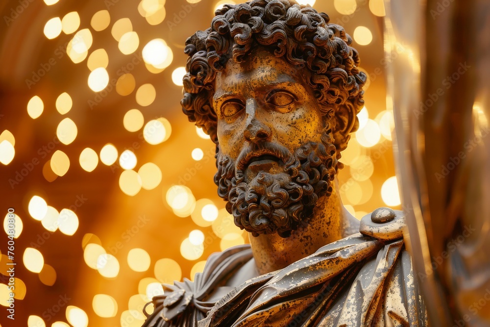 Classical stoic greek, roman statue with a colorful spark background. A ...