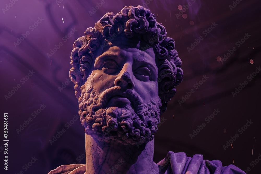 Classical stoic greek, roman statue with a colorful spark background. A ...