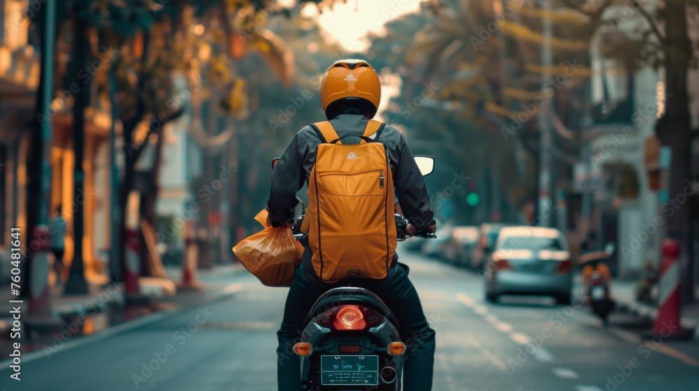 Food delivery man on a motorcycle with a food delivery bag strapped to ...