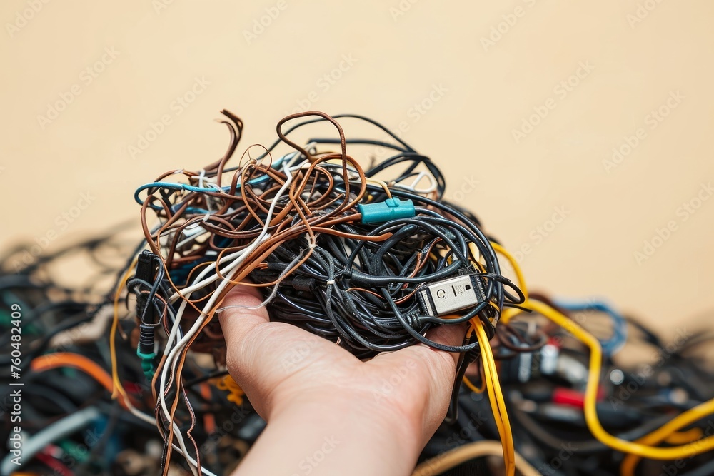 Hand held up with pile of tangled old smart technology wires, used ...