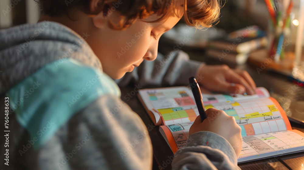 A student using a planner to organize their schedule, with details of ...