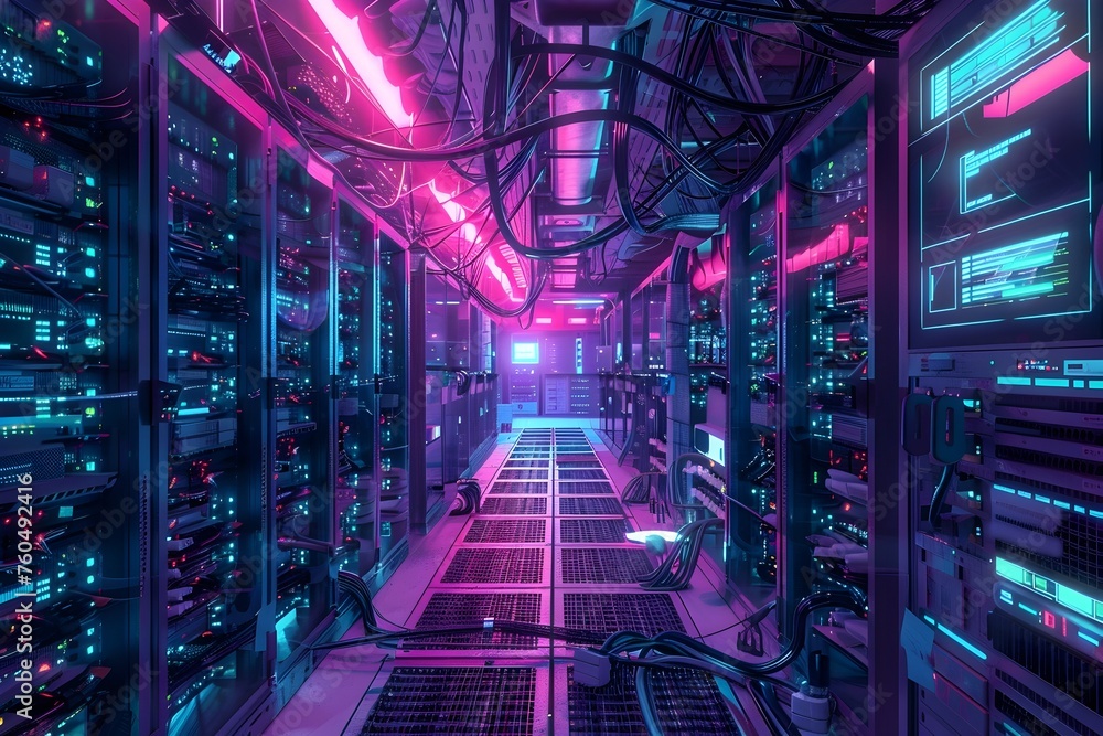 Cyberpunk Data Center: A Vibrant Neon-Lit Haven of Advanced Computer ...
