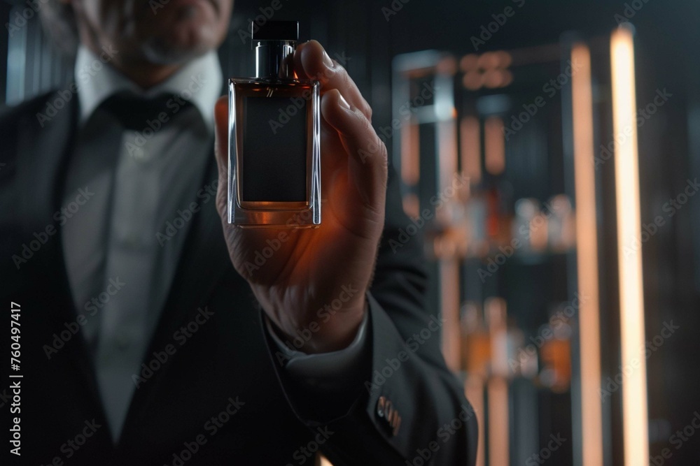 Fragrance smell. Men perfumes. Fashion cologne bottle. Man holding up ...