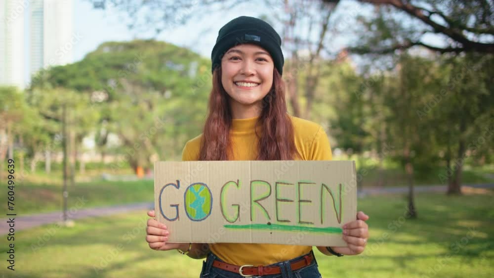 Go green Gen Z woman asia young people smile looking at camera showing ...