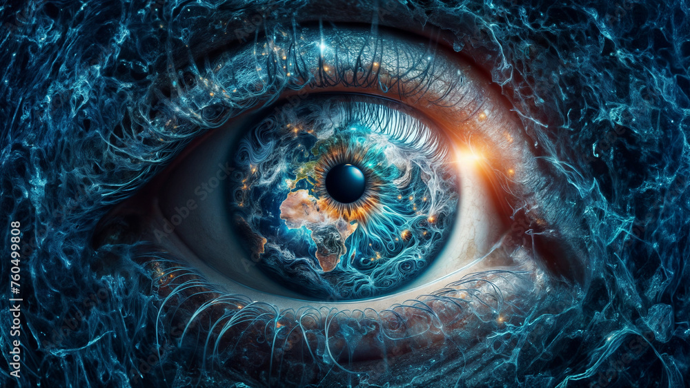 Surreal image of an eye with the planet Earth in the iris and pupil ...