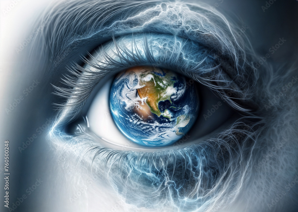 Captivating image of a human eye with Earth as the iris, surrounded by ...
