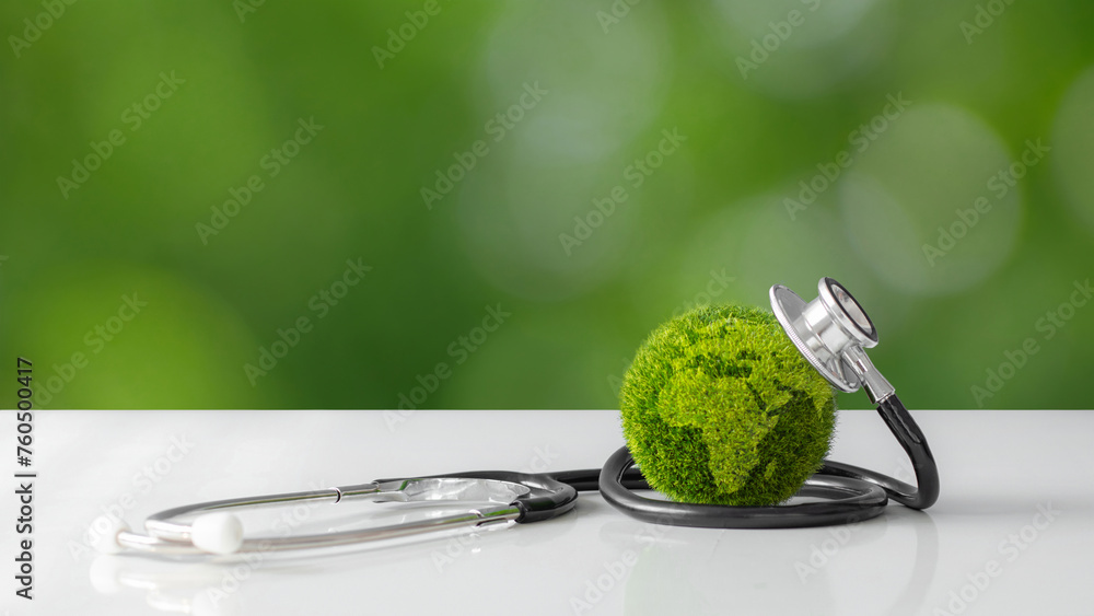 Green globe with a stethoscope wrapped around it. World Environment Day ...