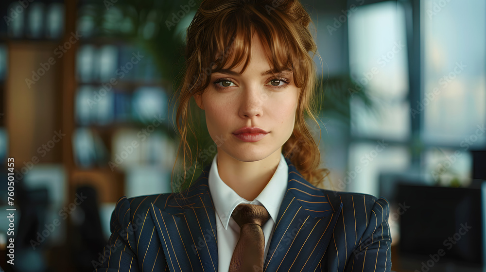 female banker with a fringe, wearing pin striped suit and a tie on ...