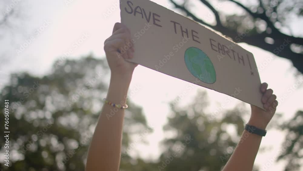 Go green people young woman hand raised showing save the earth planet ...