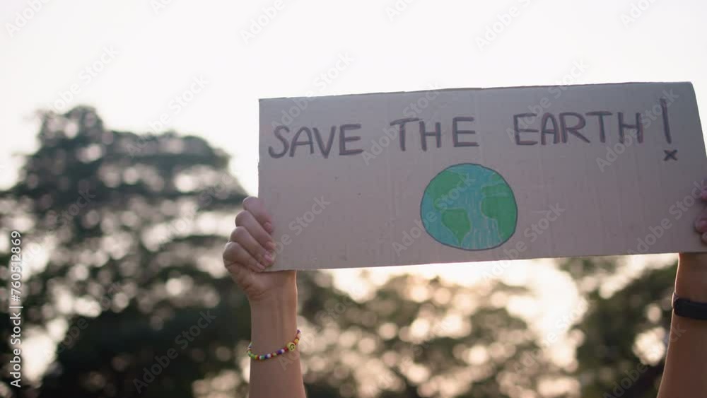 Go green people young woman hand raised showing save the earth planet ...