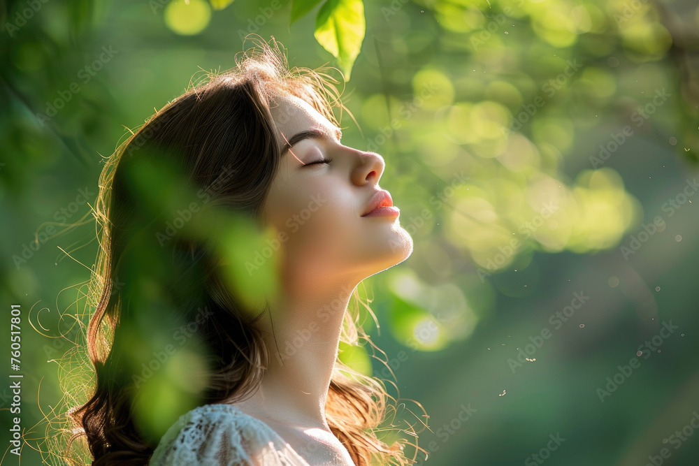 Beautiful young woman breathing fresh air in the park, enjoying nature ...