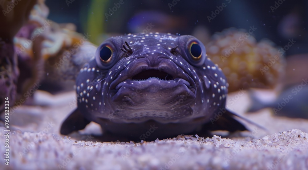 Purple pufferfish, laying flat in sand, at the bottom of tank, fish ...