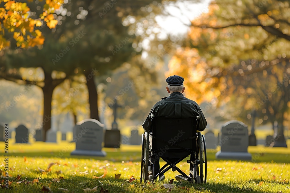 Veteran in wheelchair solemnly facing tombstones in a peaceful cemetery ...