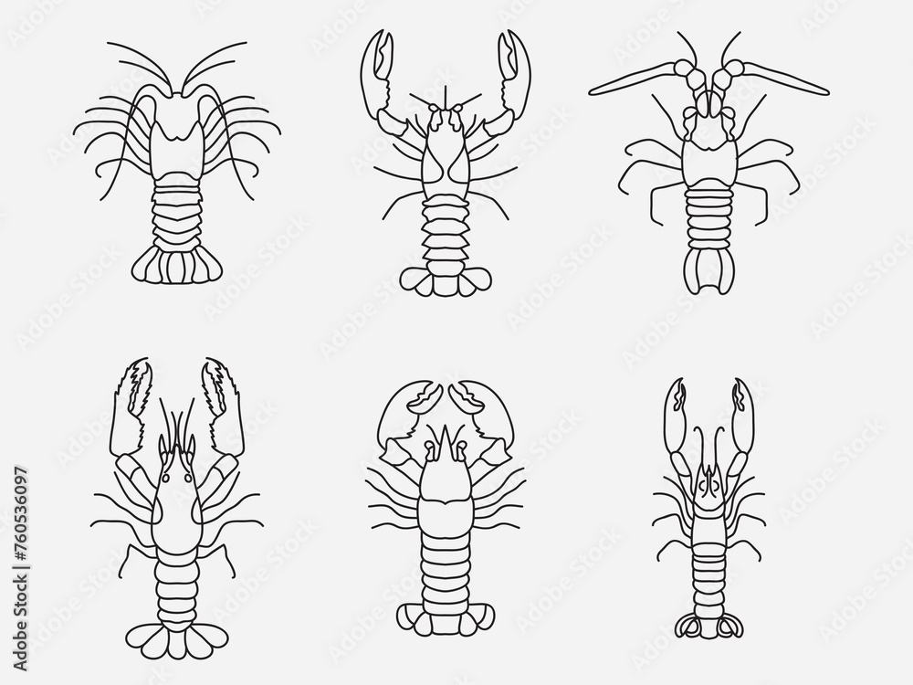 lobsters outline icon set .seafood sketch line art vector illustration ...
