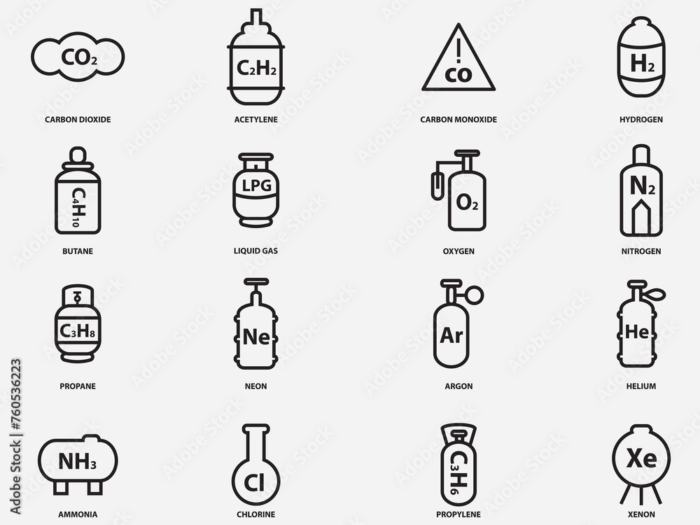 type of industrial gas outline icon sign symbol collection isolated on ...