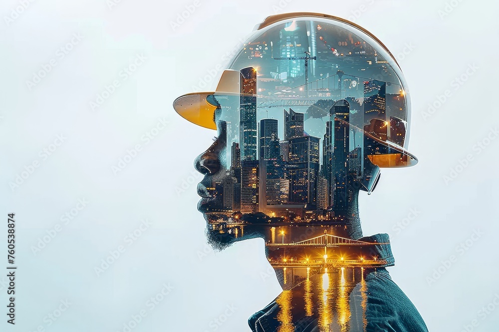 Construction worker overlay with cityscape. A conceptual image blending ...