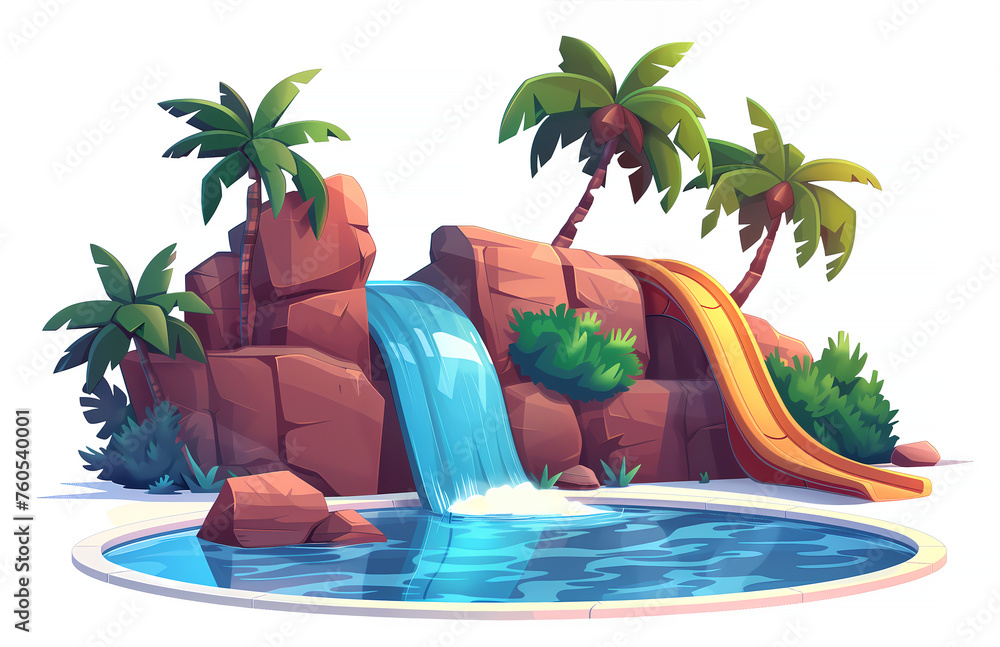 Pool with slide cartoon illustration. Tropical pool illustration ...