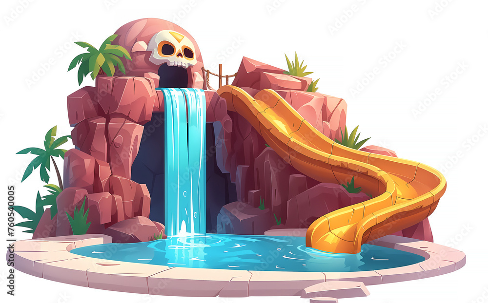 Pool with slide cartoon illustration. Tropical pool illustration ...