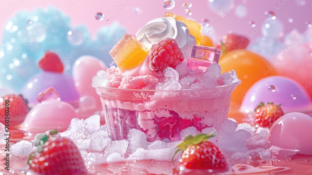 Shaved ice with jelly cubes in a 3D cartoon gelatin land, bouncy and ...