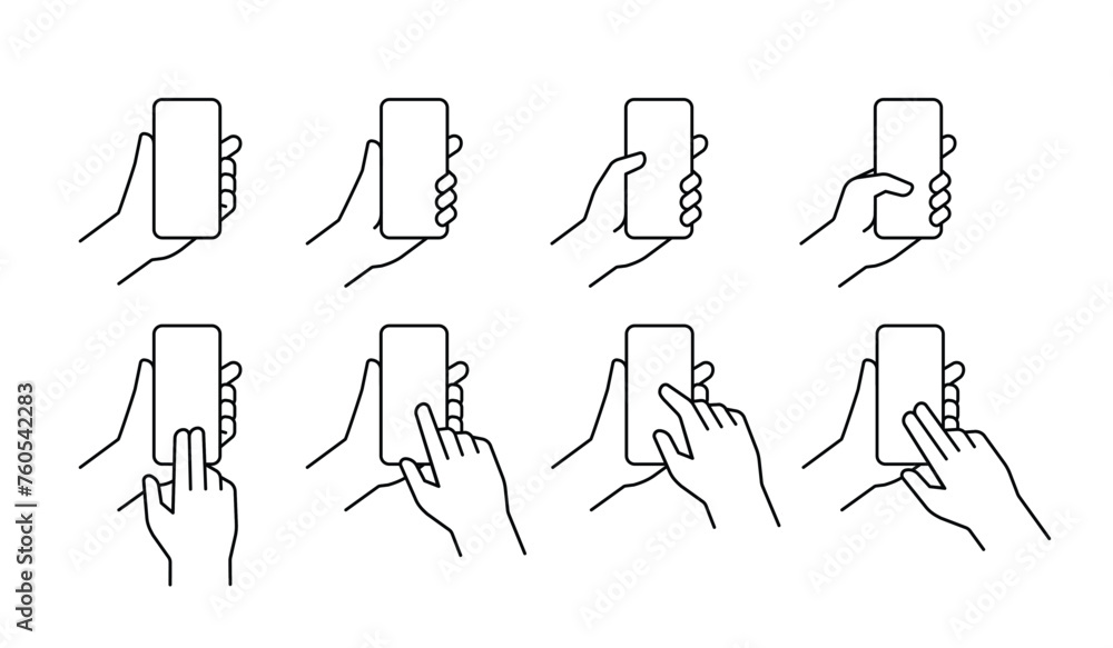 Hands holding mobile phones outline icon. Fingers touching, tapping, scrolling smartphone ...
