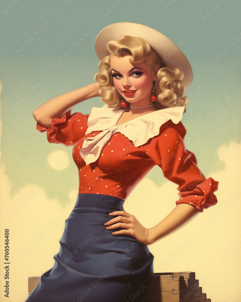 1950's style Pin-up poster of western cowgirl. Playful and feminine ...