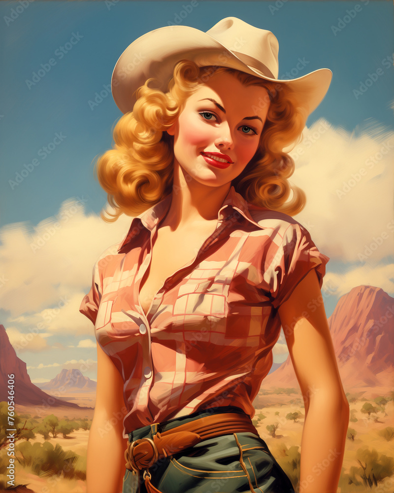 1950's style Pin-up poster of western cowgirl. Playful and feminine ...