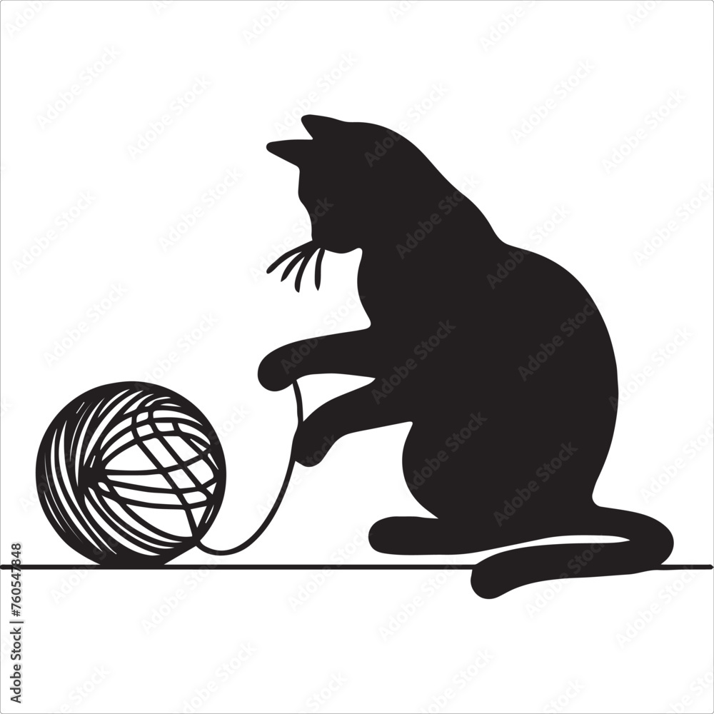 Cat playing with a ball of thread, black silhouette, one continuous ...