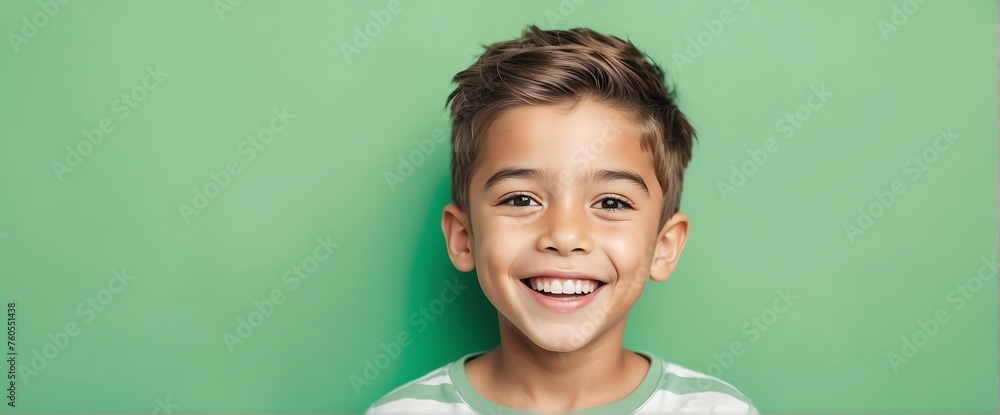 Plain bright green background Portrait of smiling happy cute kid boy ...