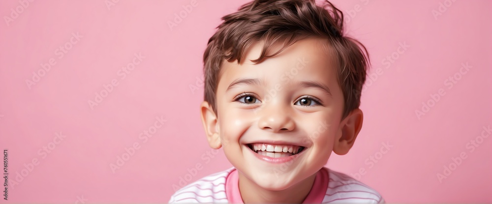Plain bright pink background Portrait of smiling happy cute kid boy ...