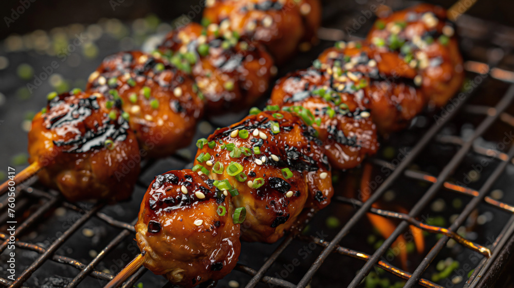 top downJapanese style Chicken Yakitori sits on black grill rack over ...