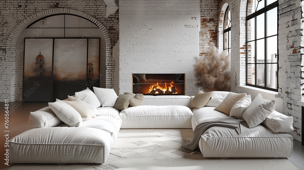 living room interior design in loft style, with white brick walls ...