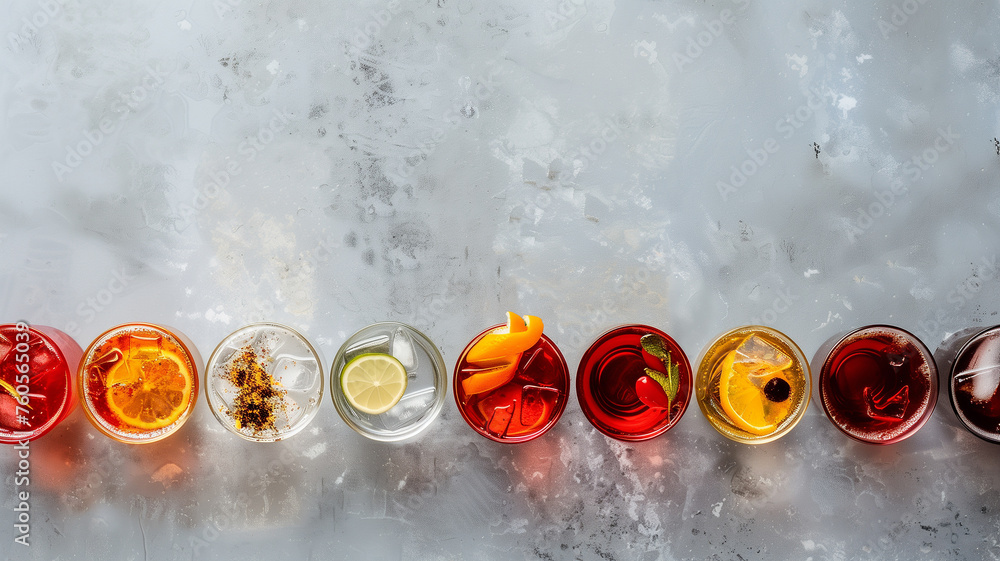 A series of craft cocktails in various stages of preparation, from ...