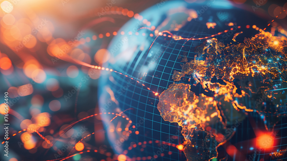 Global e-commerce network, vibrant 3D globe with trade routes, clean ...