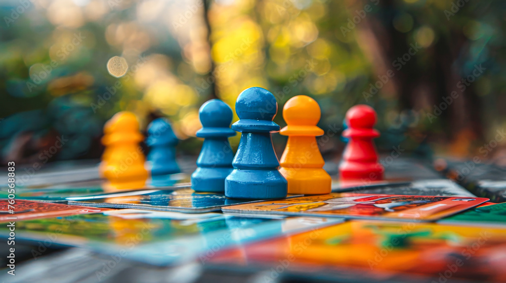 A group of colorful chess pieces are sitting on a board. The board is a ...