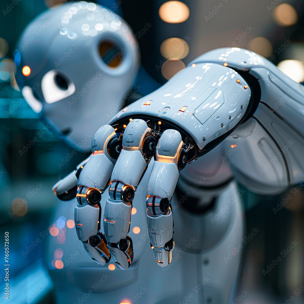 A robot with a white hand is reaching out. The robot is made of metal ...