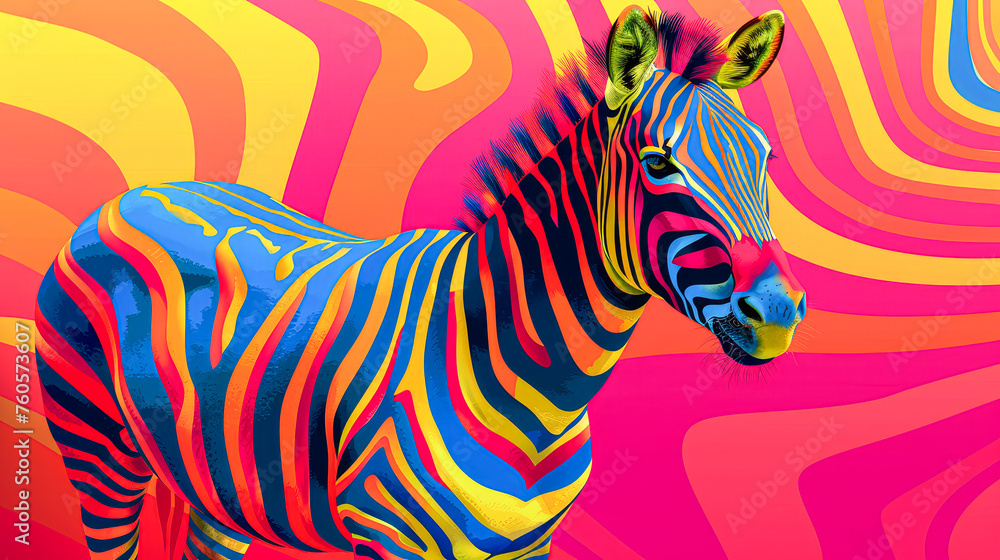 A zebra with a rainbow stripe pattern on its body. The zebra is ...