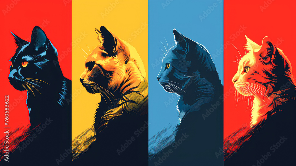 Four cats are shown in a row, each with a different color. The cats are ...