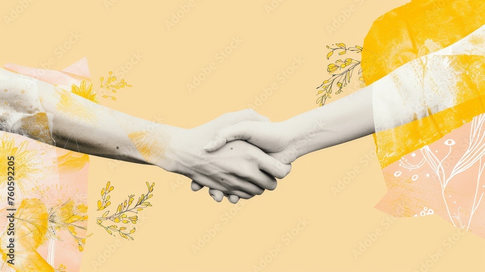 The handshake banner depicts women's hands shaking hands in a halftone ...