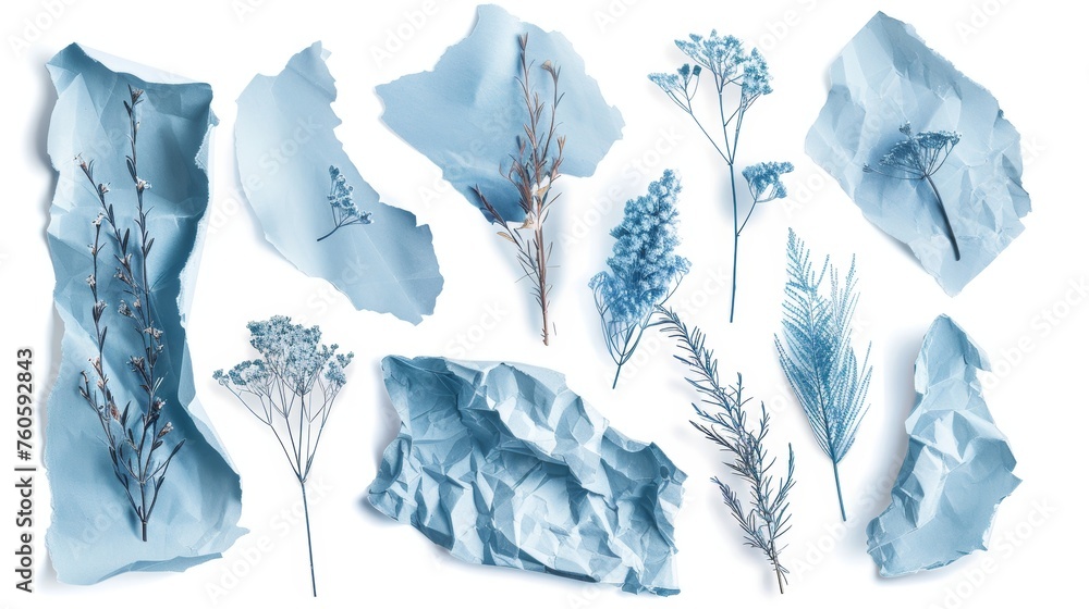 Blue pieces of paper on a transparent background. Abstract organic edge ...